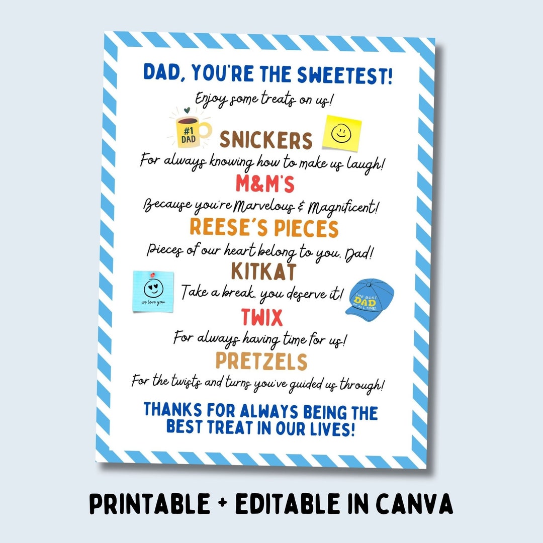 Happy Father's Day Candy Bar Poster Editable in Canva, Father's Day ...