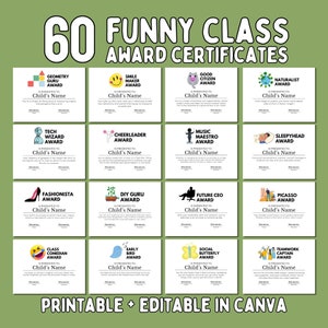 Funny Classroom Awards Certificates Editable in Canva, End of School ...