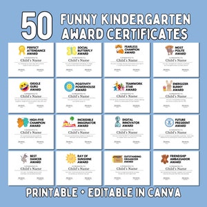 Funny Kindergarten Awards Certificates Editable in Canva, End of School ...