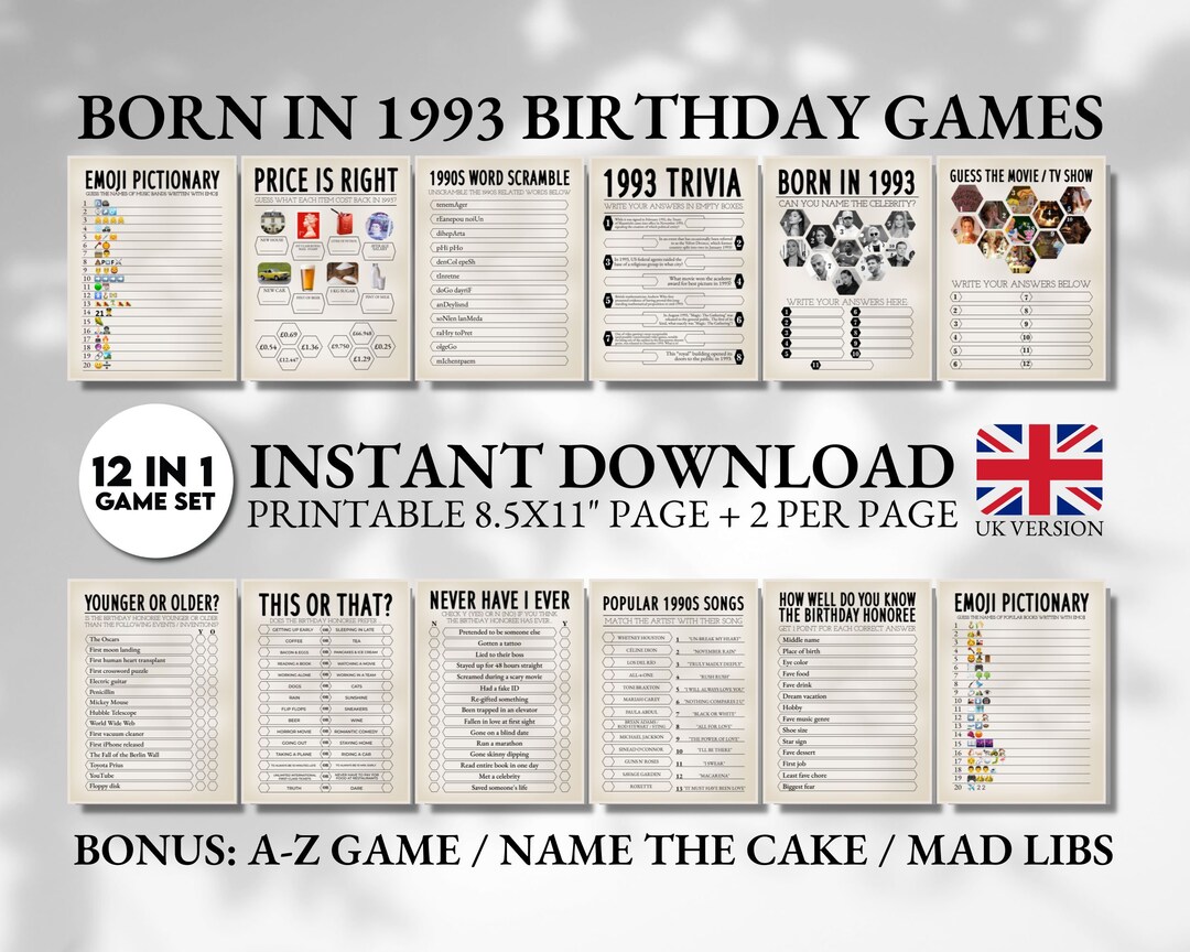 30th Birthday Party Games, Born in 1993 Games Bundle, 1993 Trivia Game ...