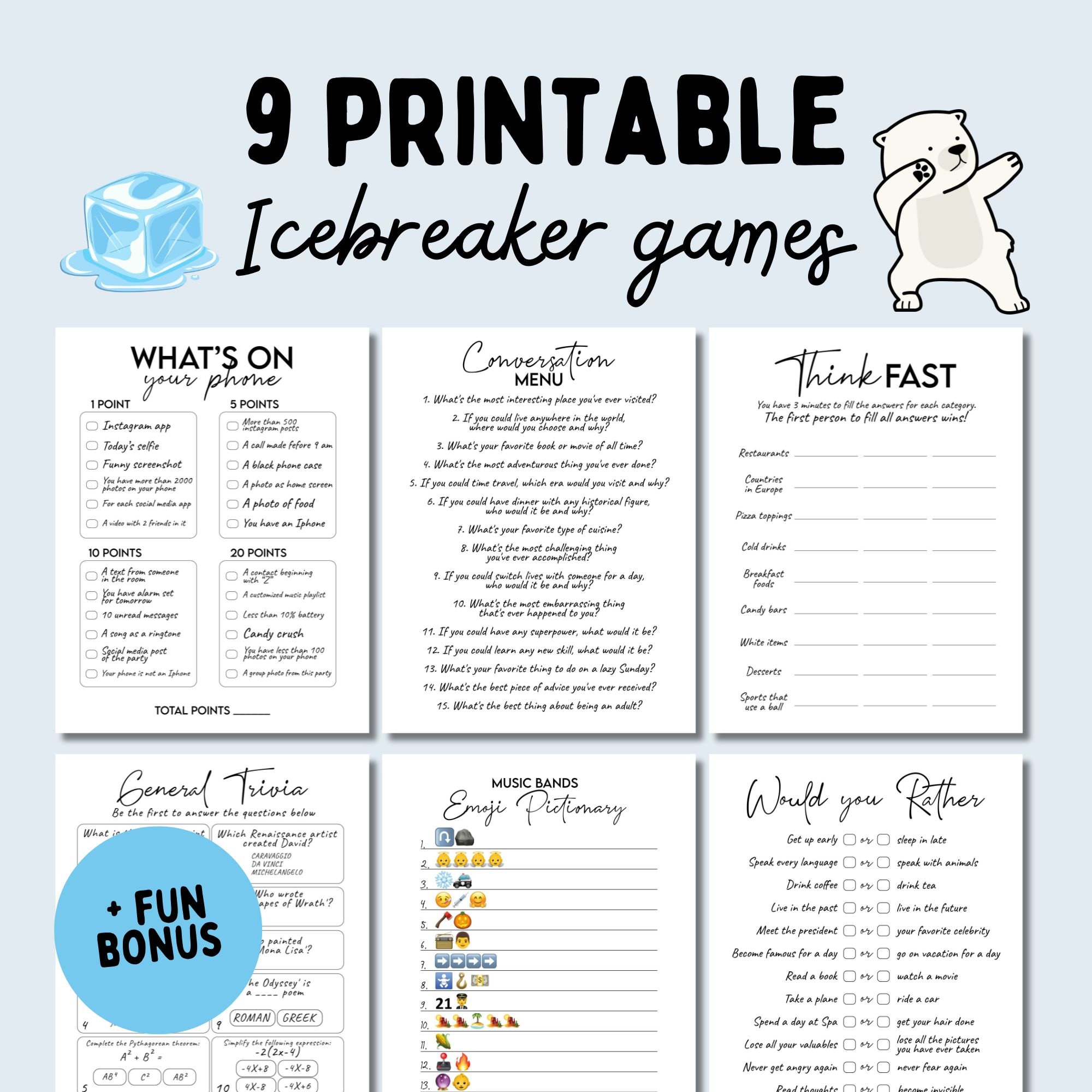 Icebreaker Games Bundle Fun Printable Ice Breaker Questions Fun Charades Dinner Conversation Starters Office Happy Hour Games Etsy