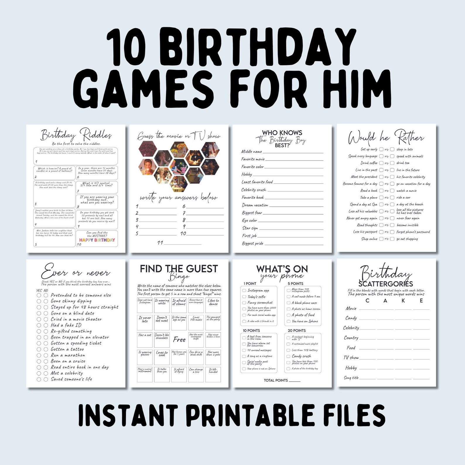 Fun Printable Birthday Games for Him, Icebreaker Games, Modern Birthday ...
