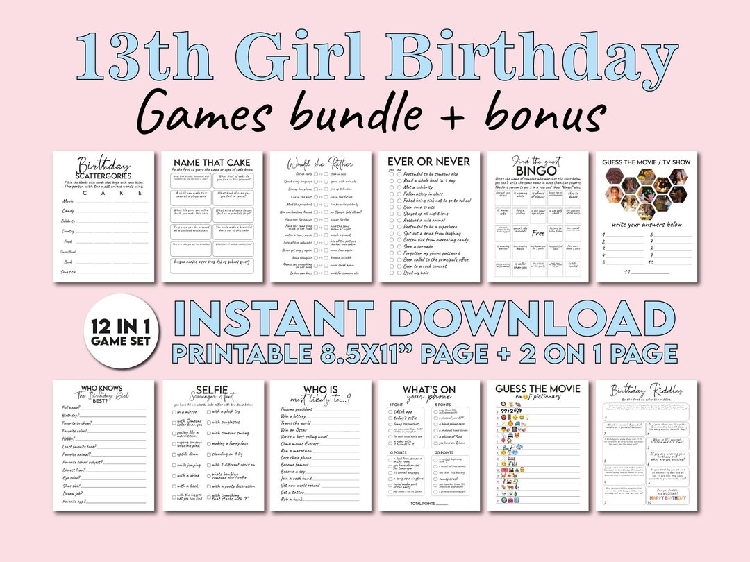 Birthday Games for Girl 13th Birthday Party Games for Teen Game Bundle ...