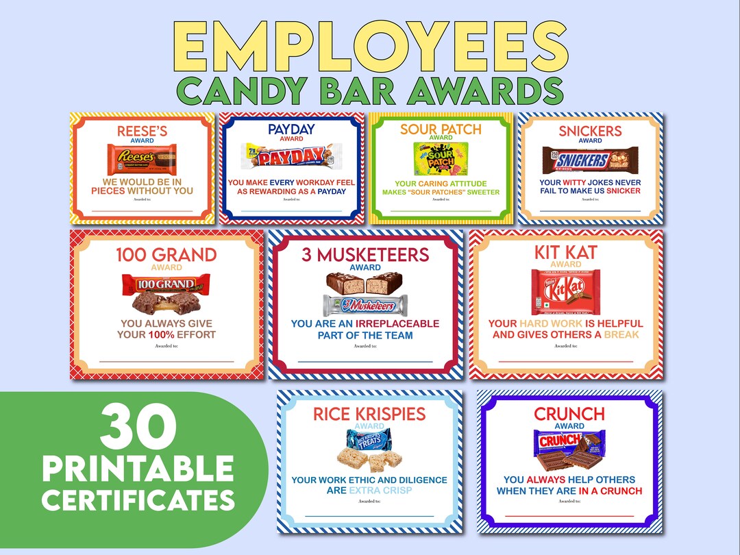 30 Employee Candy Bar Award Certificates Coworker Candy Bar Gifts Award ...