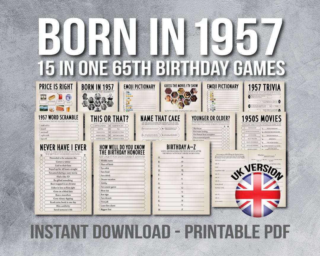 Printable 66th Birthday Party Games, Born in 1957 Game Bundle, 1957 ...