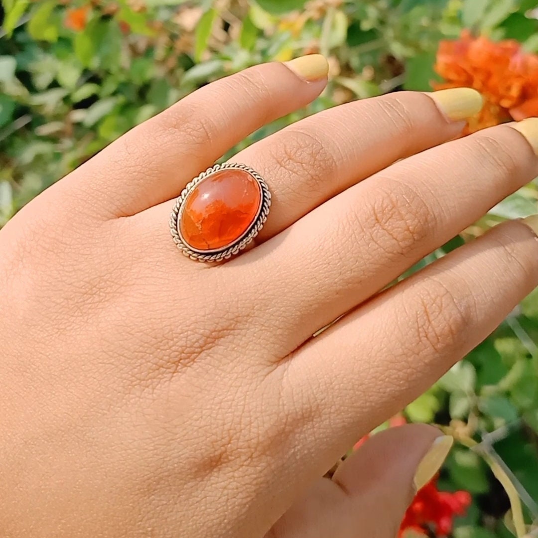 Boho Ring, Carnelian Stone Ring , Handmade Silver Ring , Orange Stone ...