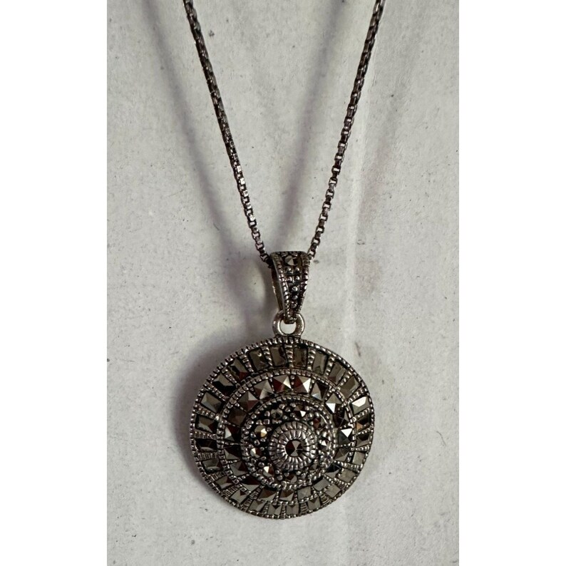 Round Sterling Marcasite Pendant on Long Sterling Chain - Etsy