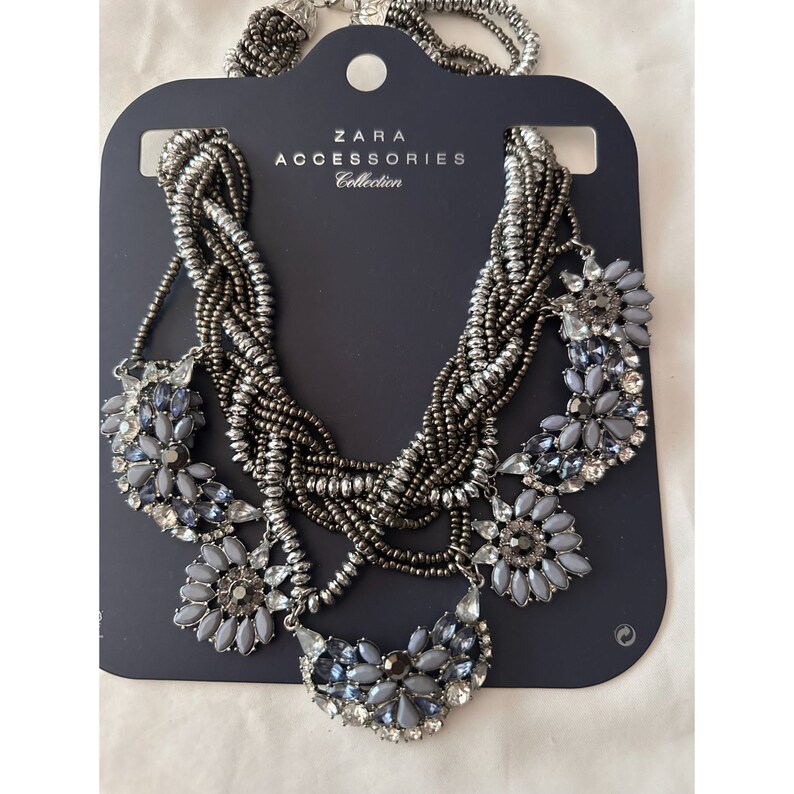 NWT Zara Accessories Collection Stunning Beaded Blue Flower Statement ...