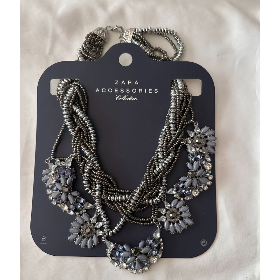 NWT Zara Accessories Collection Stunning Beaded Blue Flower Statement ...