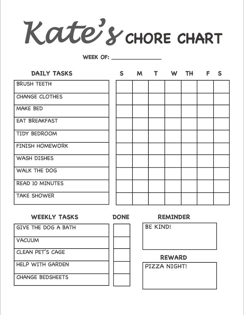 Chore Chart, Kid's Chore Chart Template Word, Chore Chart Printable ...