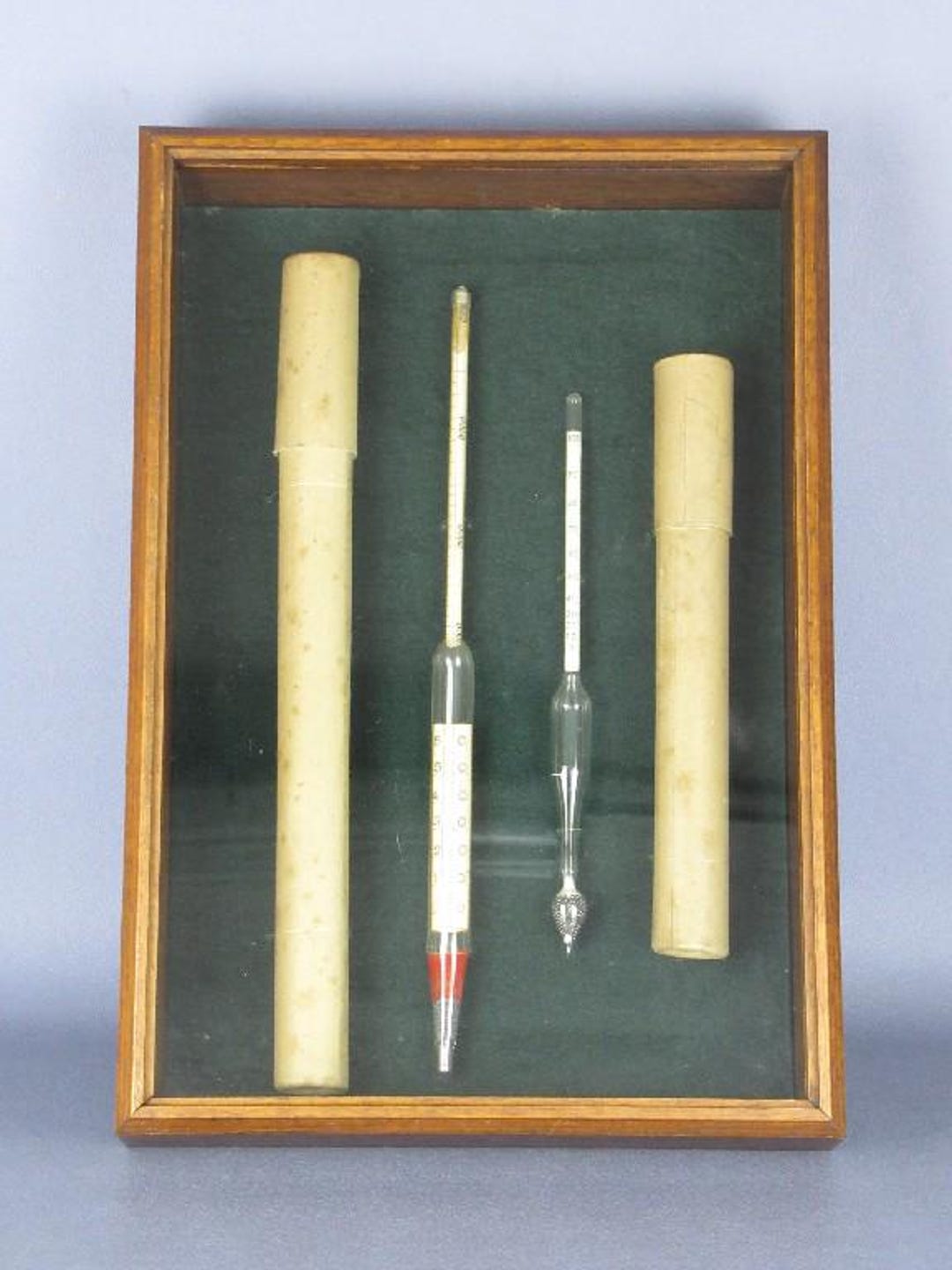 Vintage Display Case, 2 Antique Glass Immersion Thermometers ...