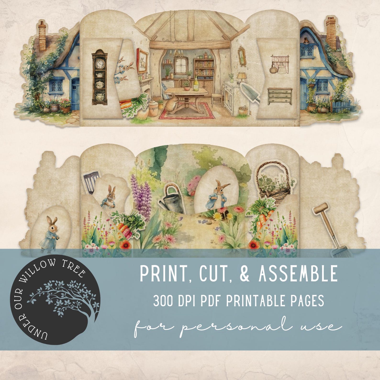 Peter Rabbit Cottage Junk Journal Folio Trifold DIY Fussy Cuts Ephemera ...