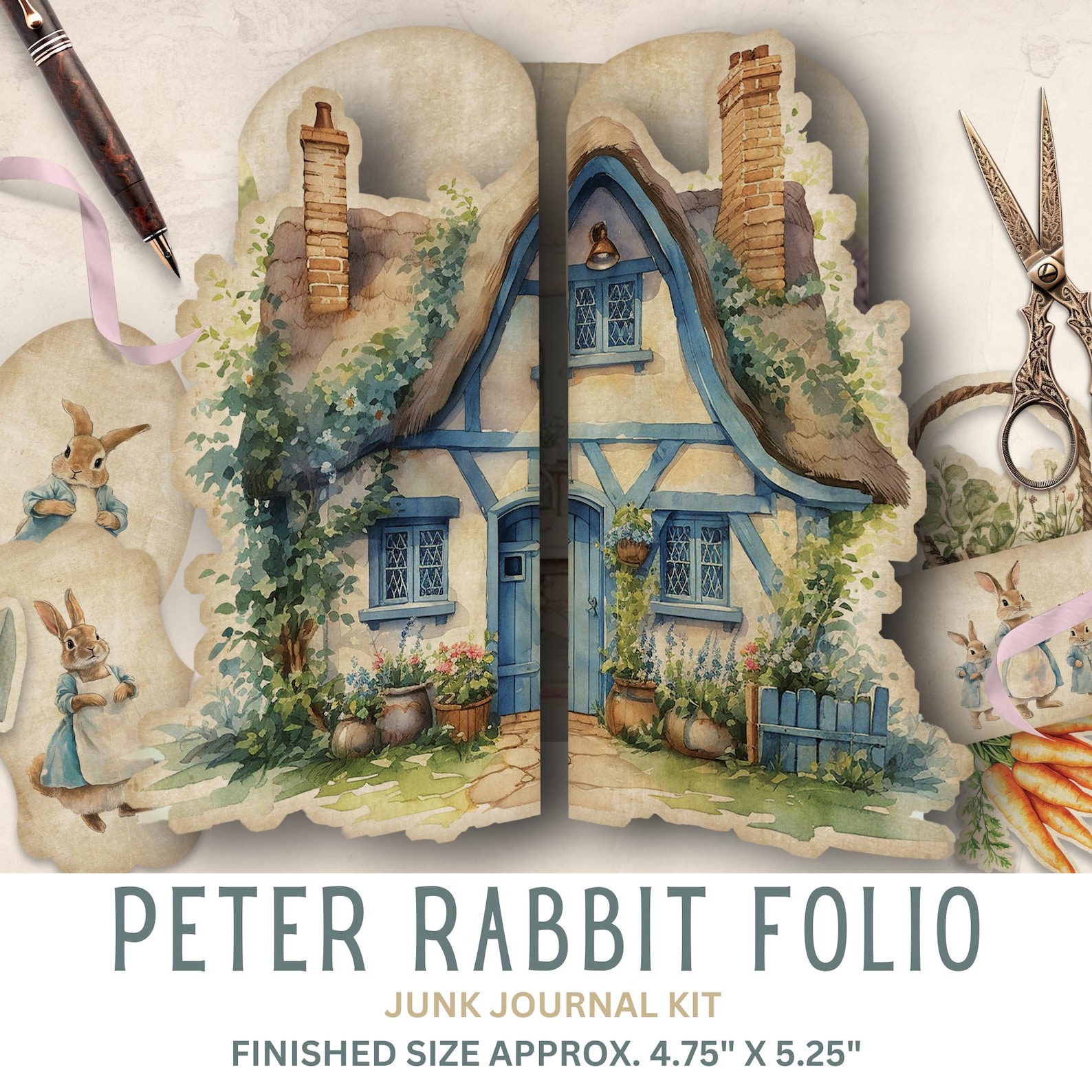 Peter Rabbit Cottage Junk Journal Folio Trifold DIY Fussy Cuts Ephemera ...