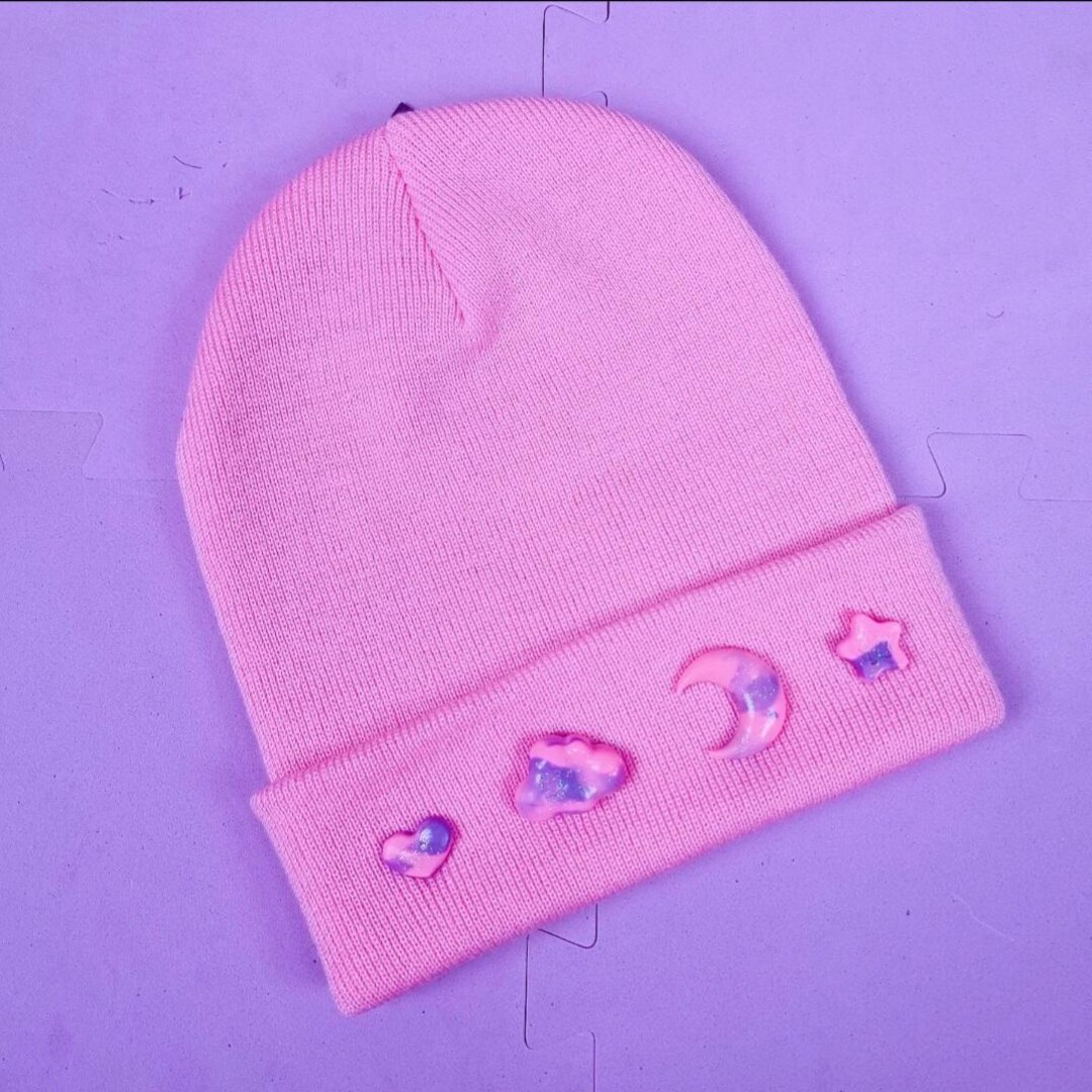 Kawaii Pink Beanie Hat, Cute Pastel Goth Moon Star, Soft Aesthetic ...