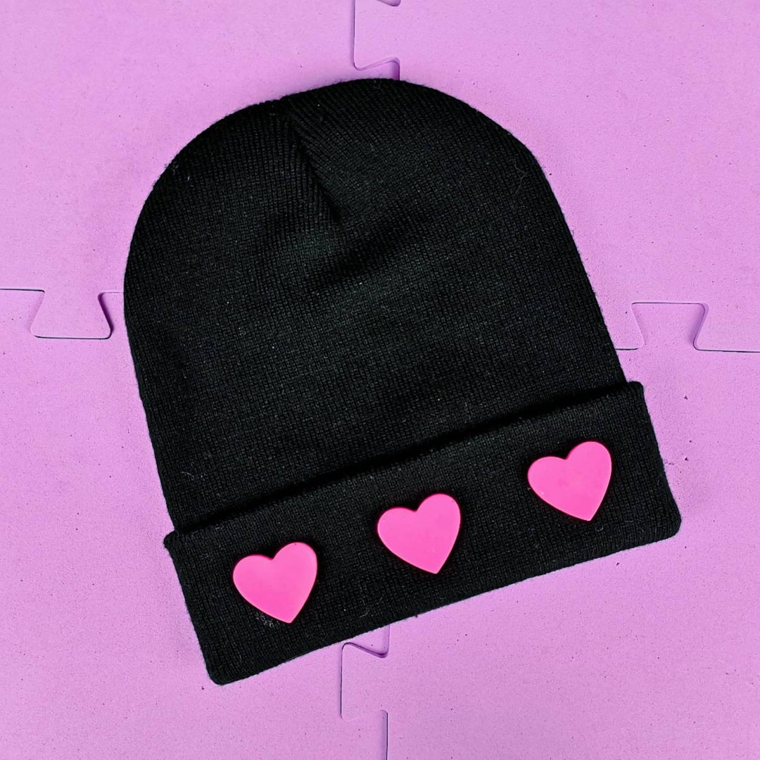 Pink Heart Beanie Black - Etsy