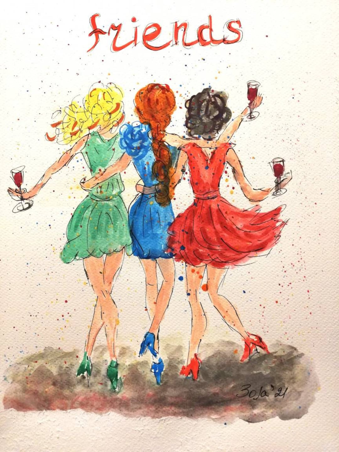 Freundinnen feiern ihr Treffen, das Bild ist mit Aquarellfarben gemalt ...