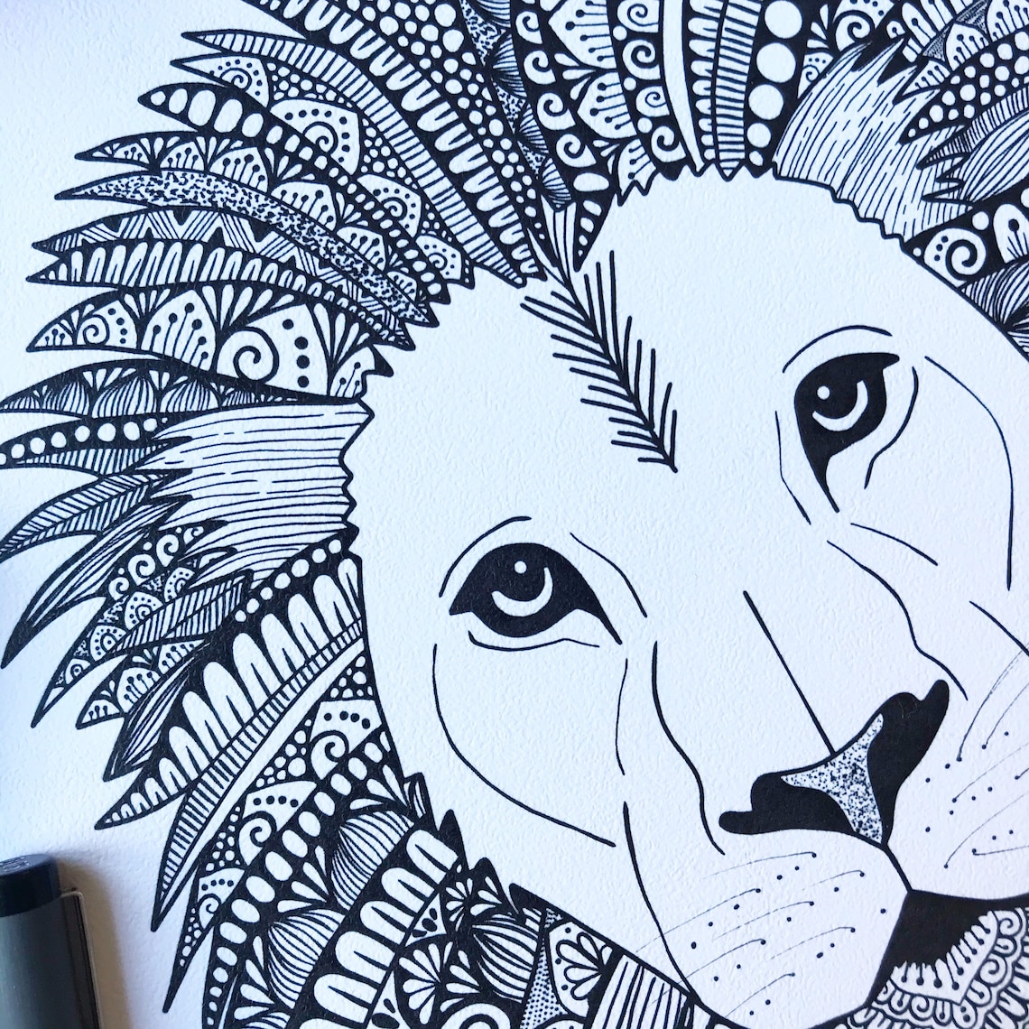 Zentangle lion print zentangle lion art print wall decor | Etsy
