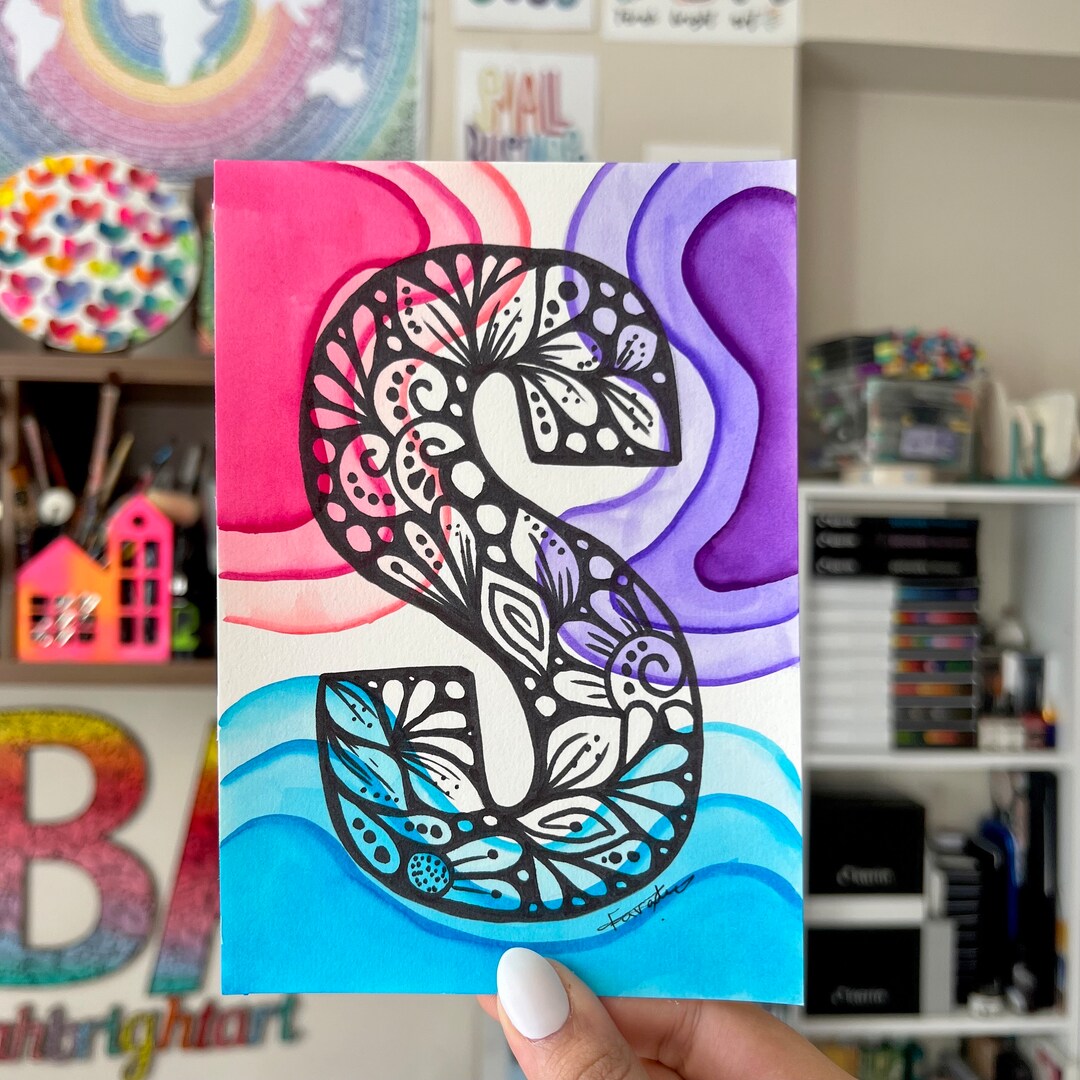 Zentangle S Letter and Watercolor Background - Original Drawing - Etsy