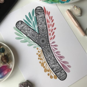 Mandala Y Letter With Plant Doodle - Etsy