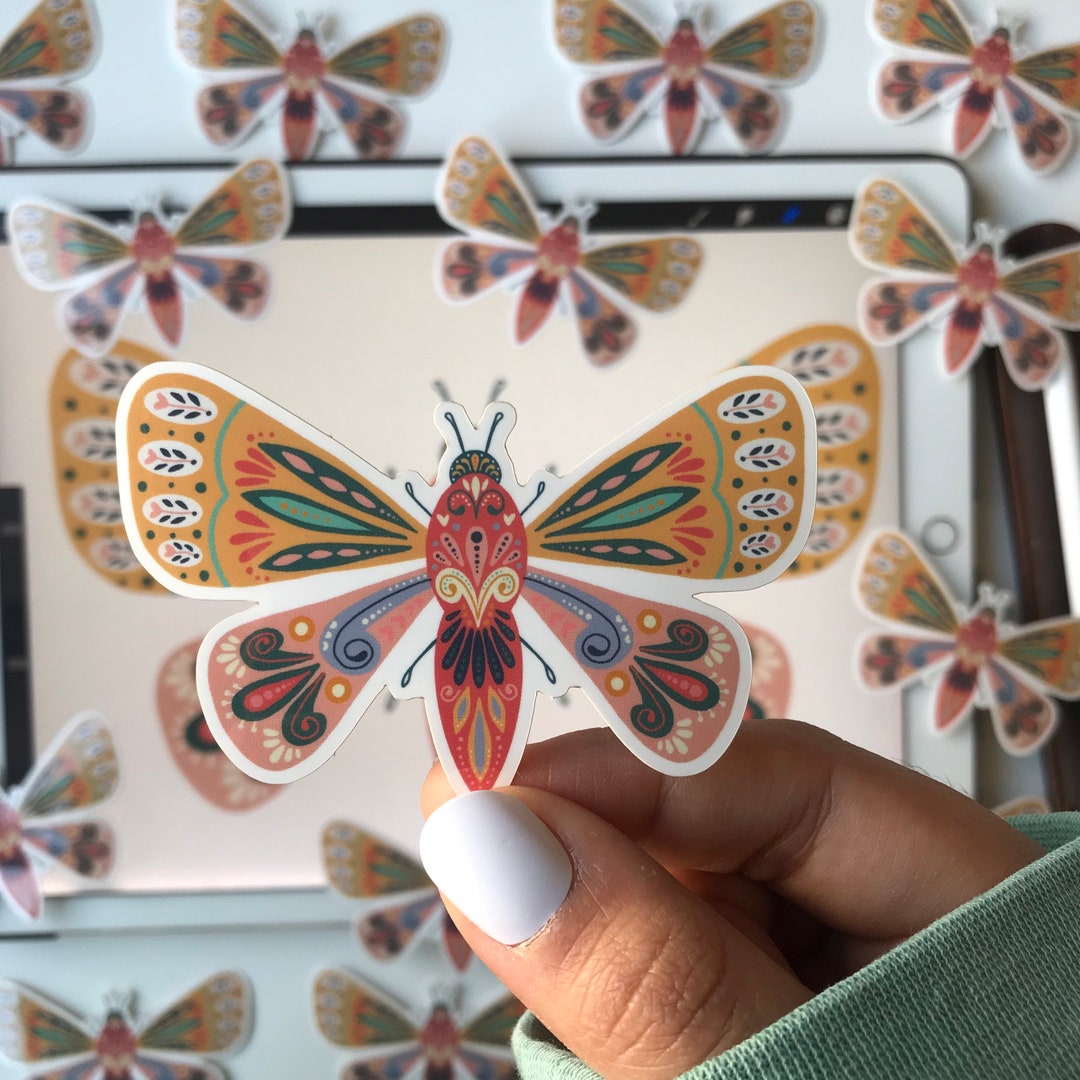 Folk Moth Illustration Waterproof Stickers - Moth Waterproof Stickers ...