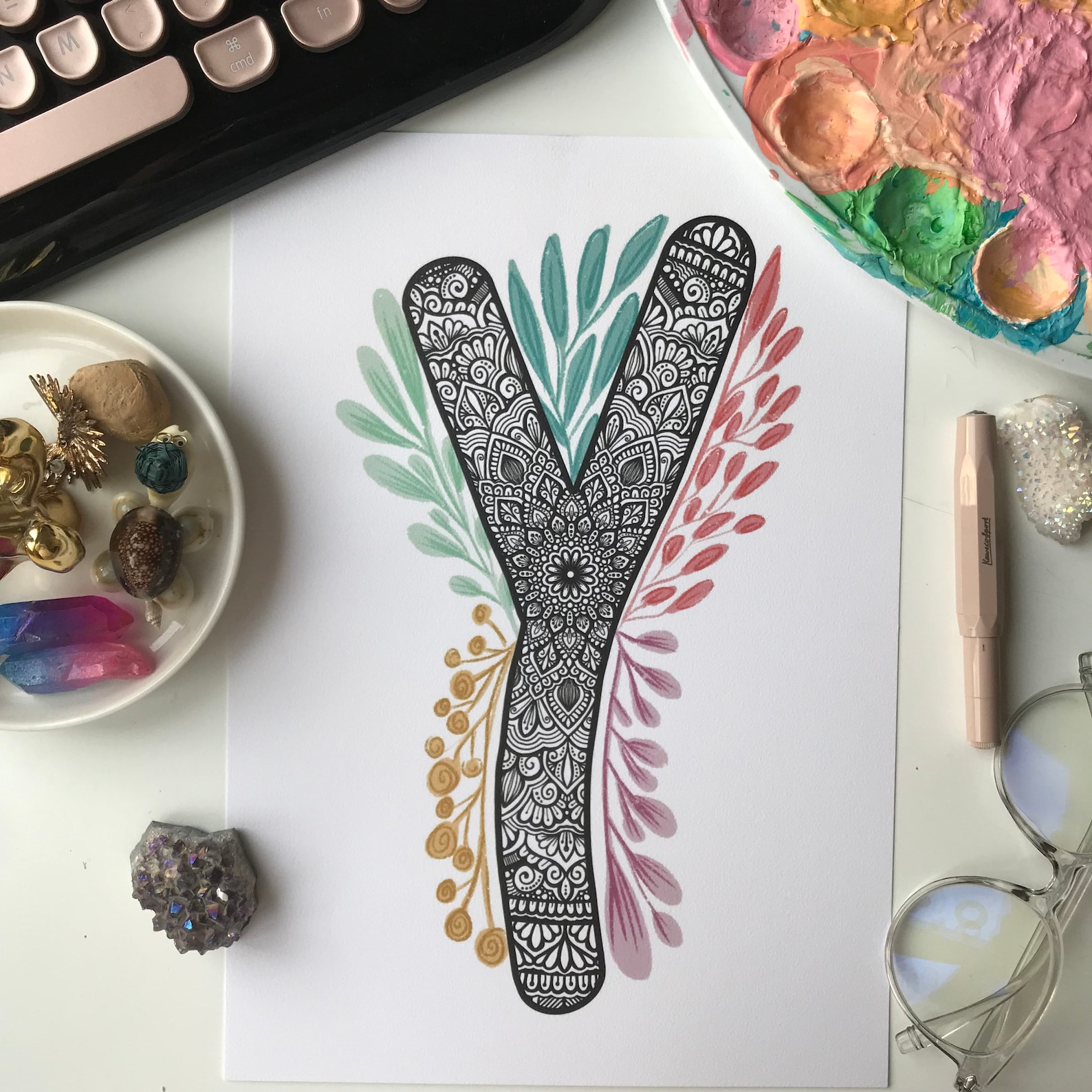 Mandala Y Letter With Plant Doodle - Etsy