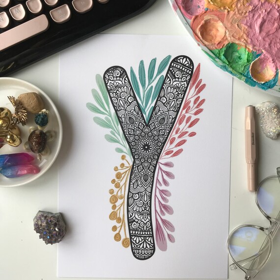 Mandala Y letter with plant doodle | Etsy