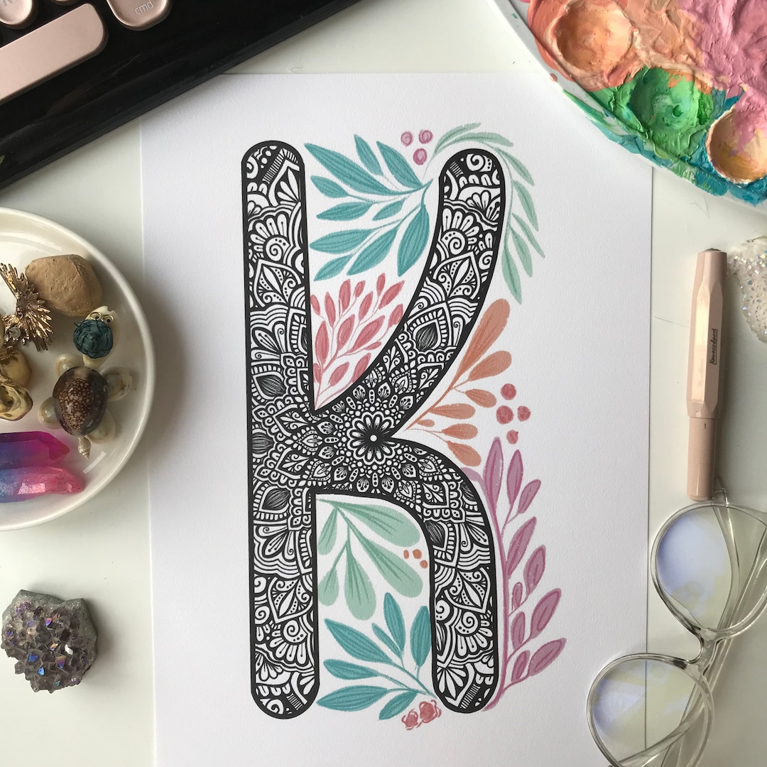 Mandala K Letter With Plant Doodle - Etsy