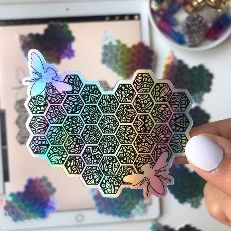 Beehive Heart Mandalas Holographic Stickers Holographic - Etsy