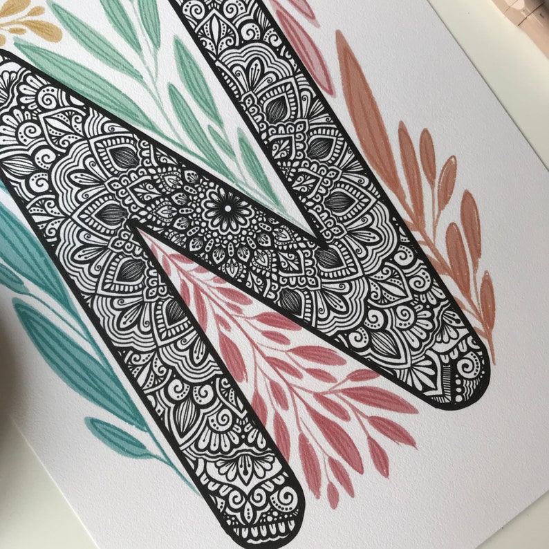 Mandala N letter with plant doodle | Etsy