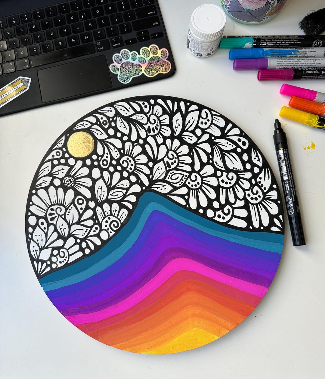 Sunset Mountain and Zentangle Sky Wall Decor - Etsy