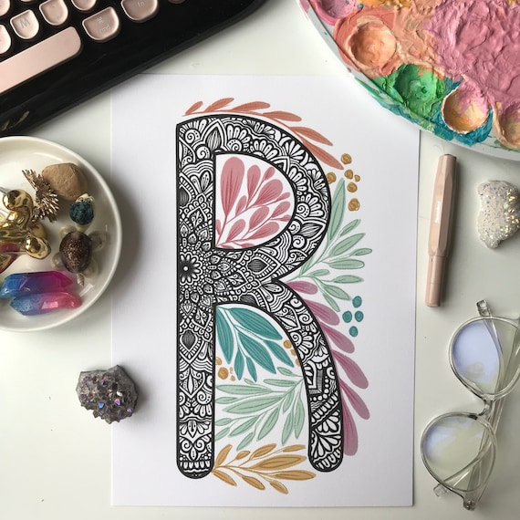 Mandala R letter with plant doodle | Etsy