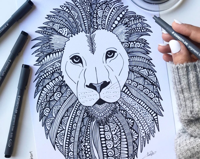 Lion Print, Zentangle Art, Lion Drawing, Art Prints, Black and White ...