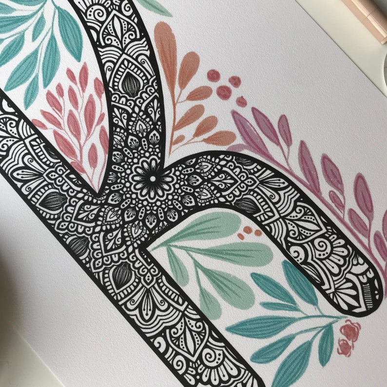 Mandala K Letter With Plant Doodle - Etsy