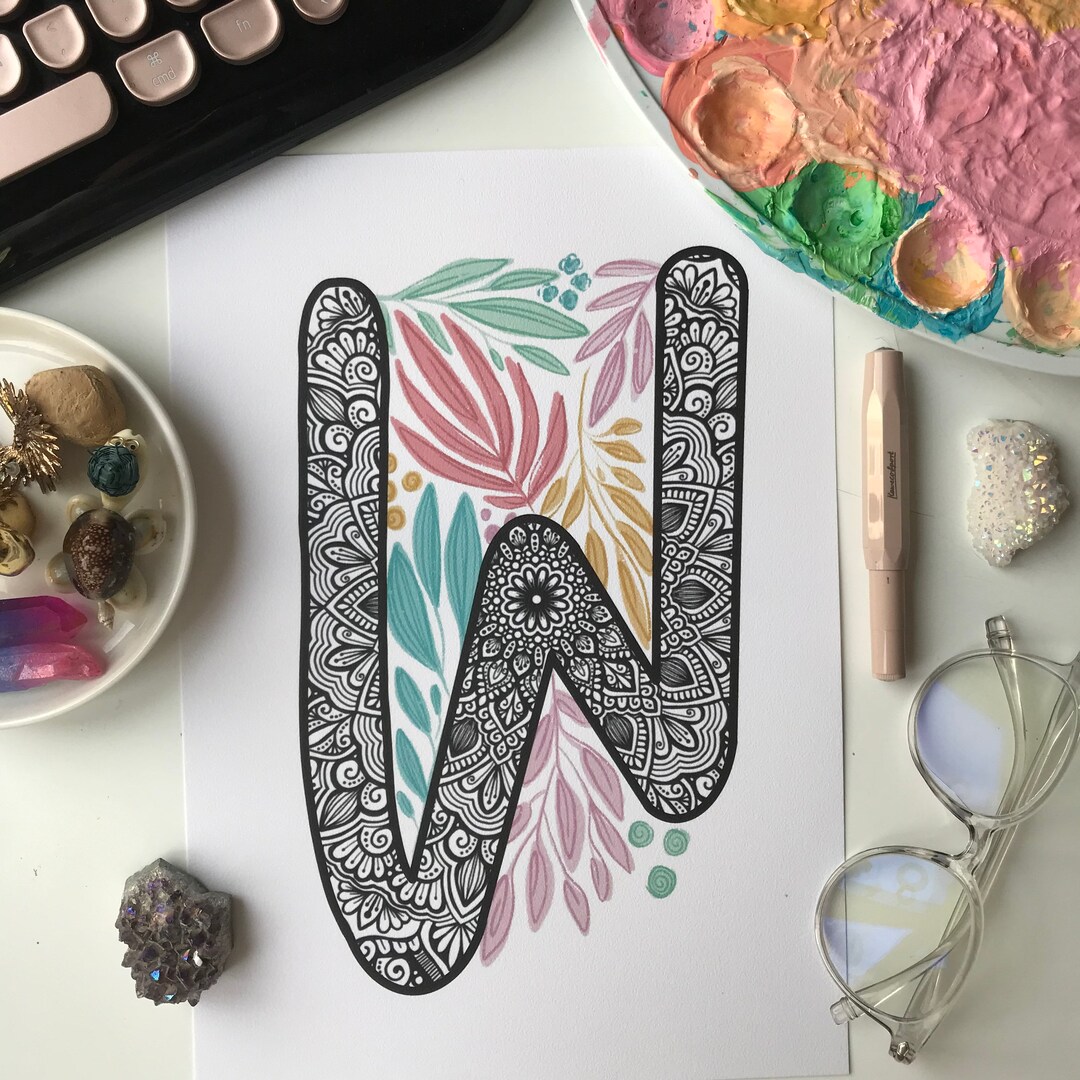 Mandala W Letter With Plant Doodle - Etsy