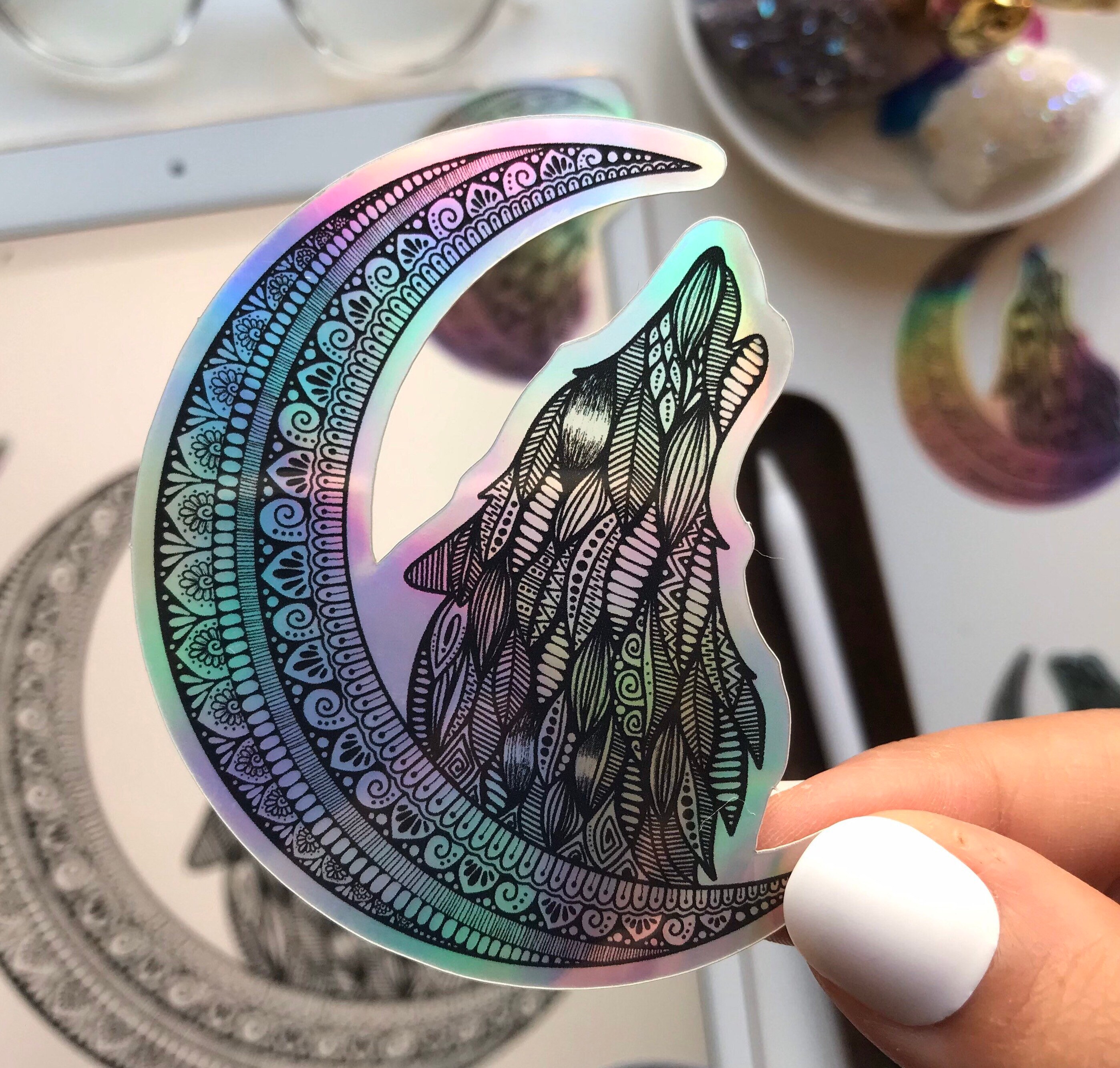 Holographic Moon wolf sticker wolf sticker moon sticker | Etsy