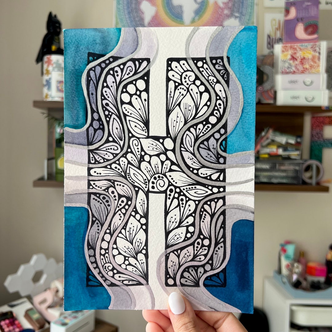 Zentangle H Letter With Watercolor Background - Wall Decor - Original ...
