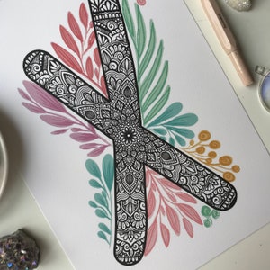 Mandala X Letter With Plant Doodle - Etsy