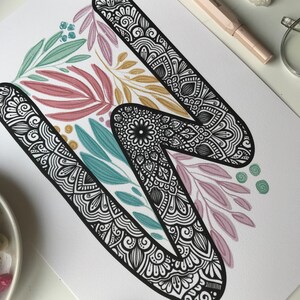 Mandala W Letter With Plant Doodle - Etsy