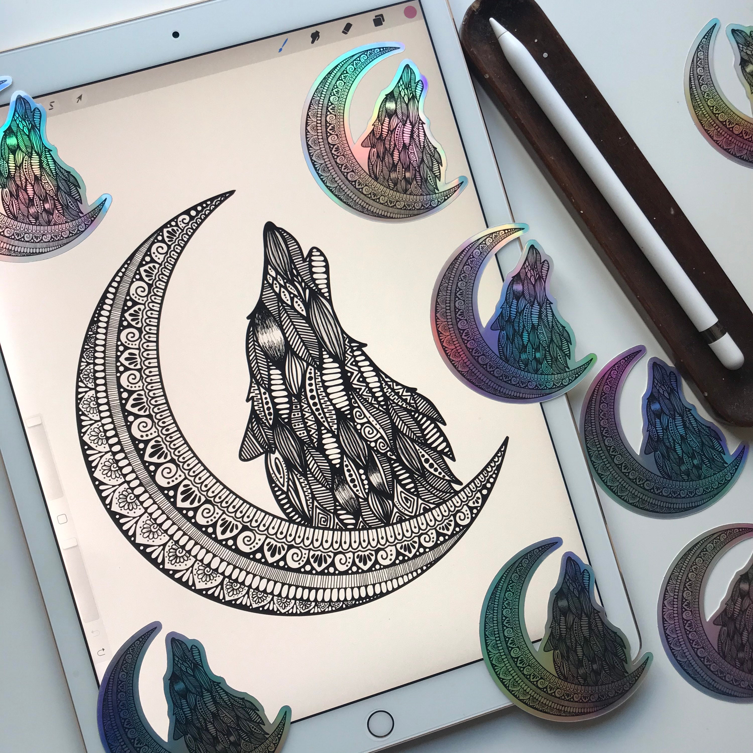 Holographic Moon wolf sticker wolf sticker moon sticker | Etsy