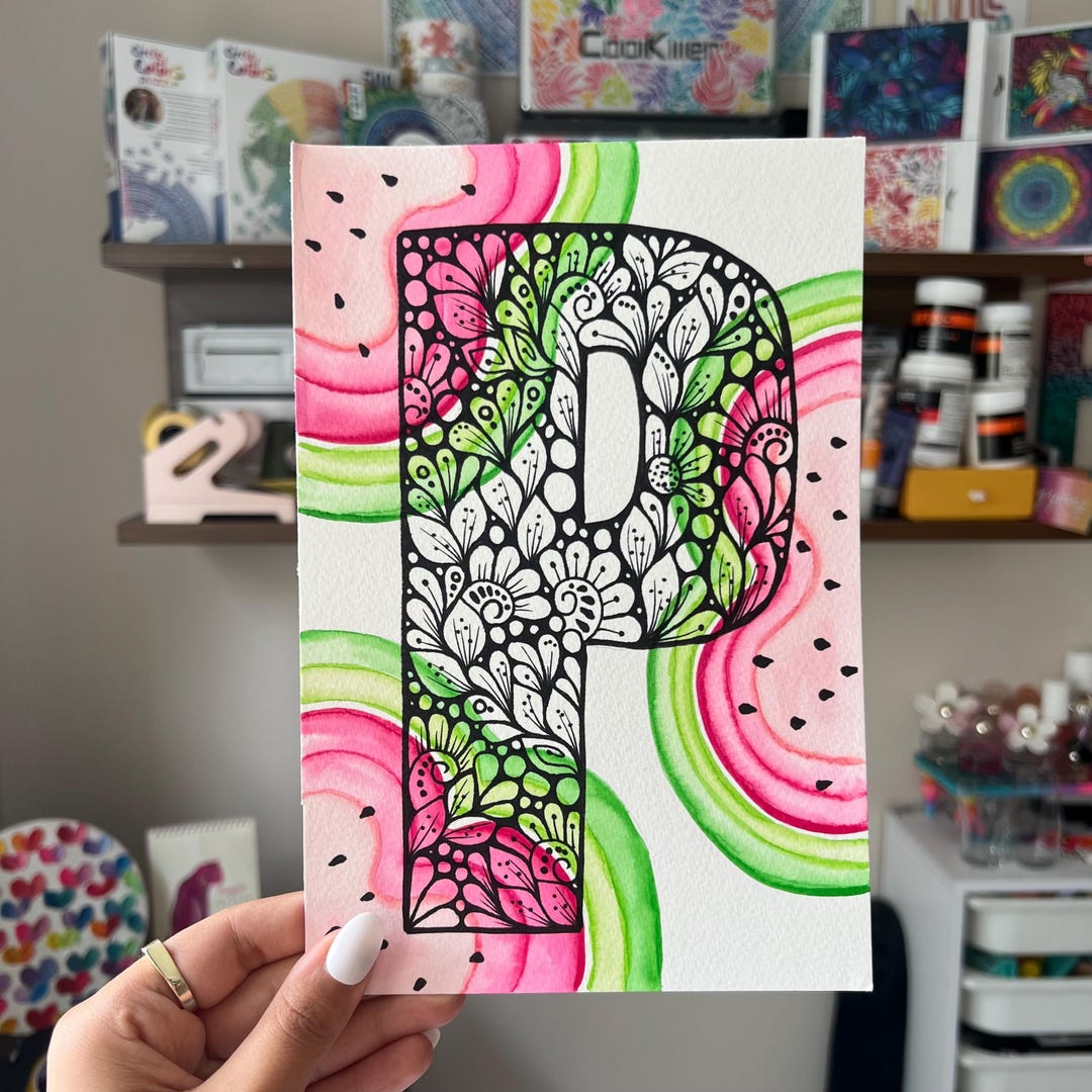 Zentangle P Letter With Watercolor Background - Wall Decor - Original ...