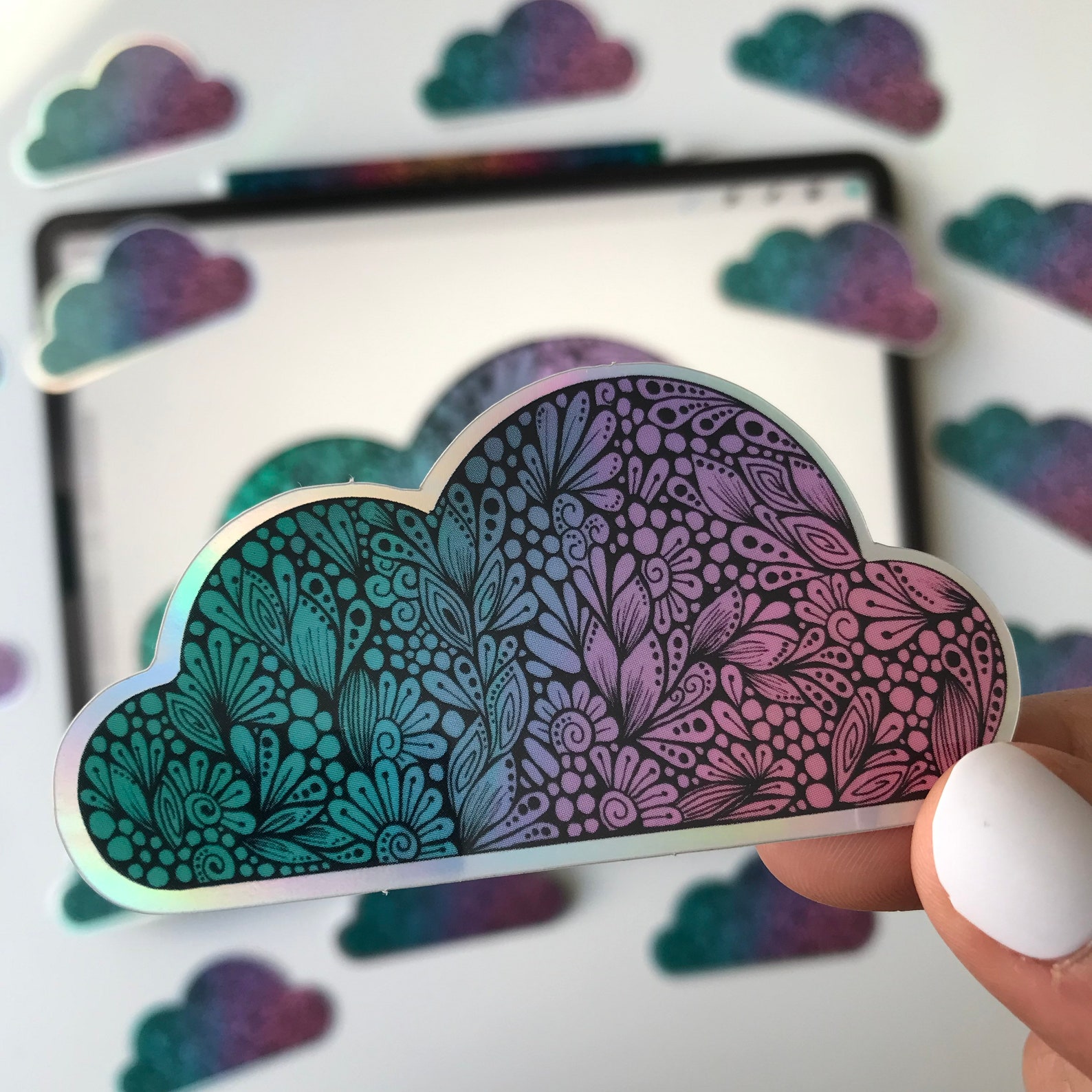 Zentangle Cloud Holographic Sticker - Waterproof Sticker - Etsy