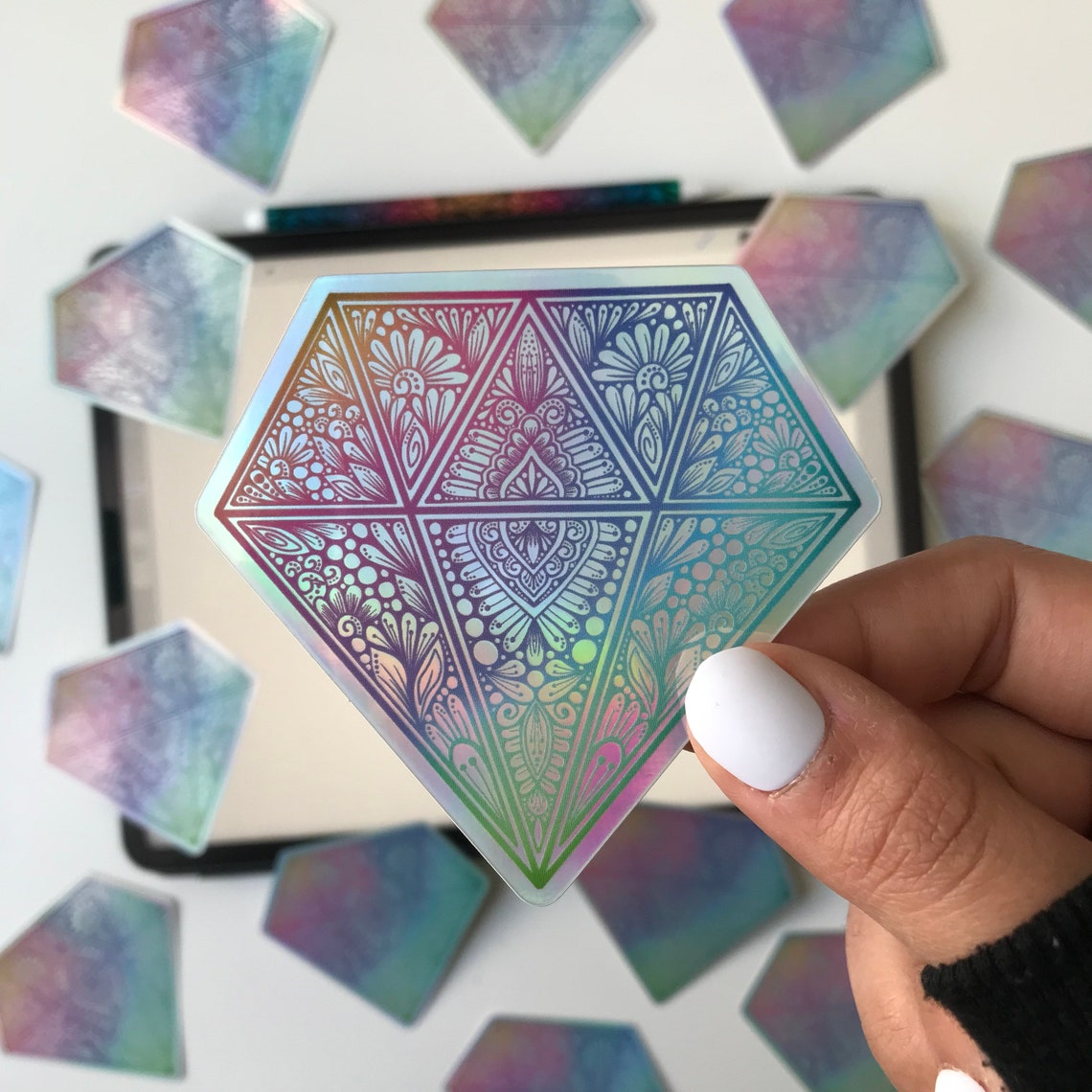 Zentangle Rainbow Diamond Holographic Sticker Holographic - Etsy