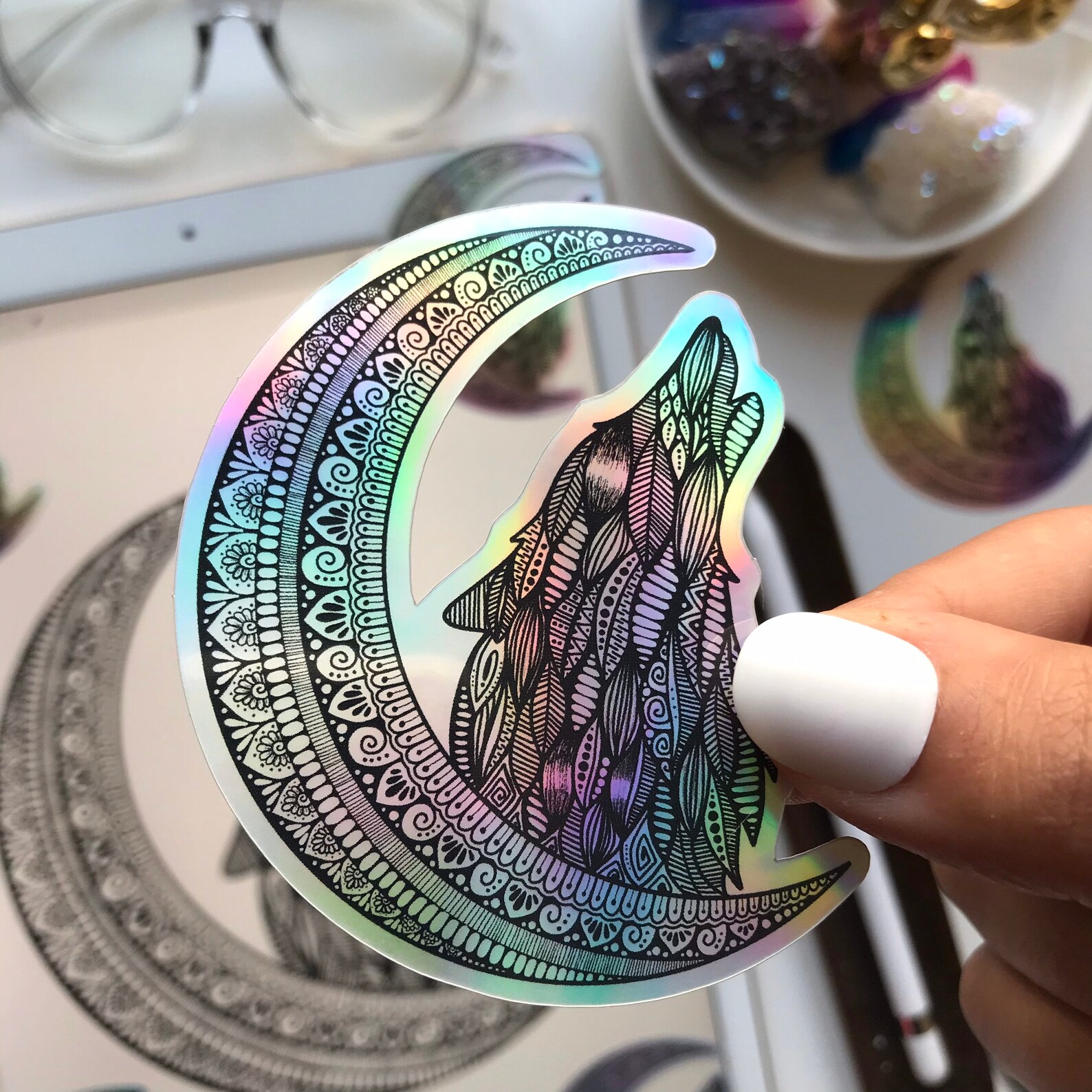 Holographic Moon Wolf Sticker Wolf Sticker Moon Sticker - Etsy
