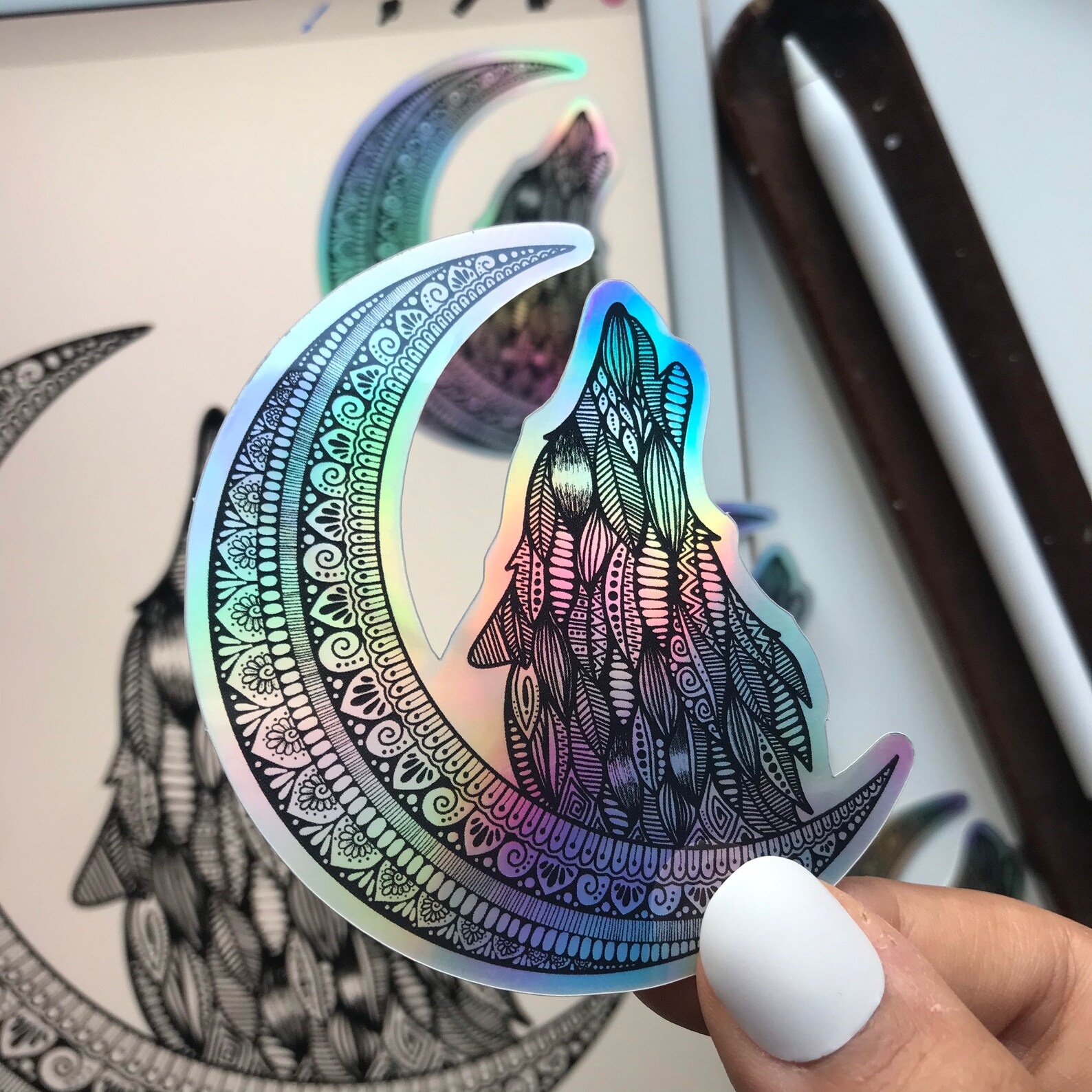 Holographic Moon Wolf Sticker Wolf Sticker Moon Sticker | Etsy