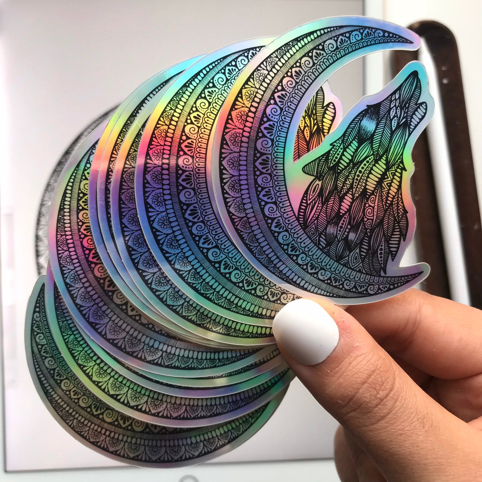 Holographic Moon Wolf Sticker Wolf Sticker Moon Sticker | Etsy