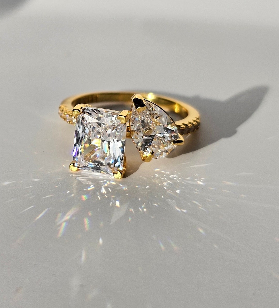 14k Gold Plated Double Stone Engagement Ring, Multi Stone Wedding Ring, Celebrity Style Ring ...