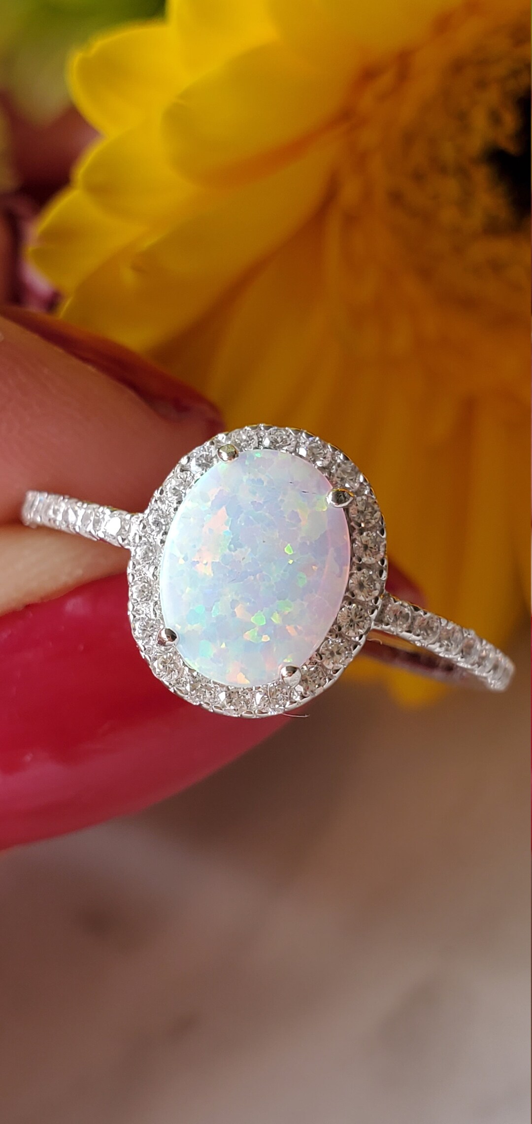 4ct Oval Opal Stone, Oval Solitaire Synthetic Opal Ring, Halo Oval Ring ...