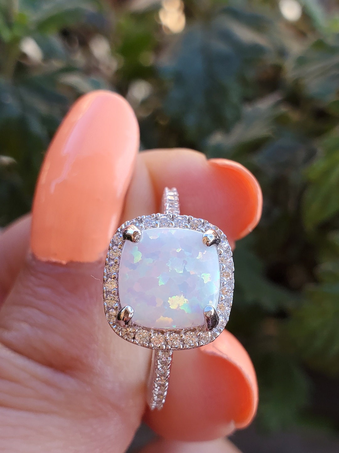 Square Halo Opal Ring, White Opal, Halo Ring, Anniversary Gift for Her ...