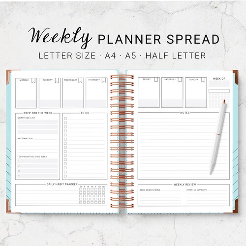 Undated Weekly Planner Printable Hourly Top Box Layout | Etsy