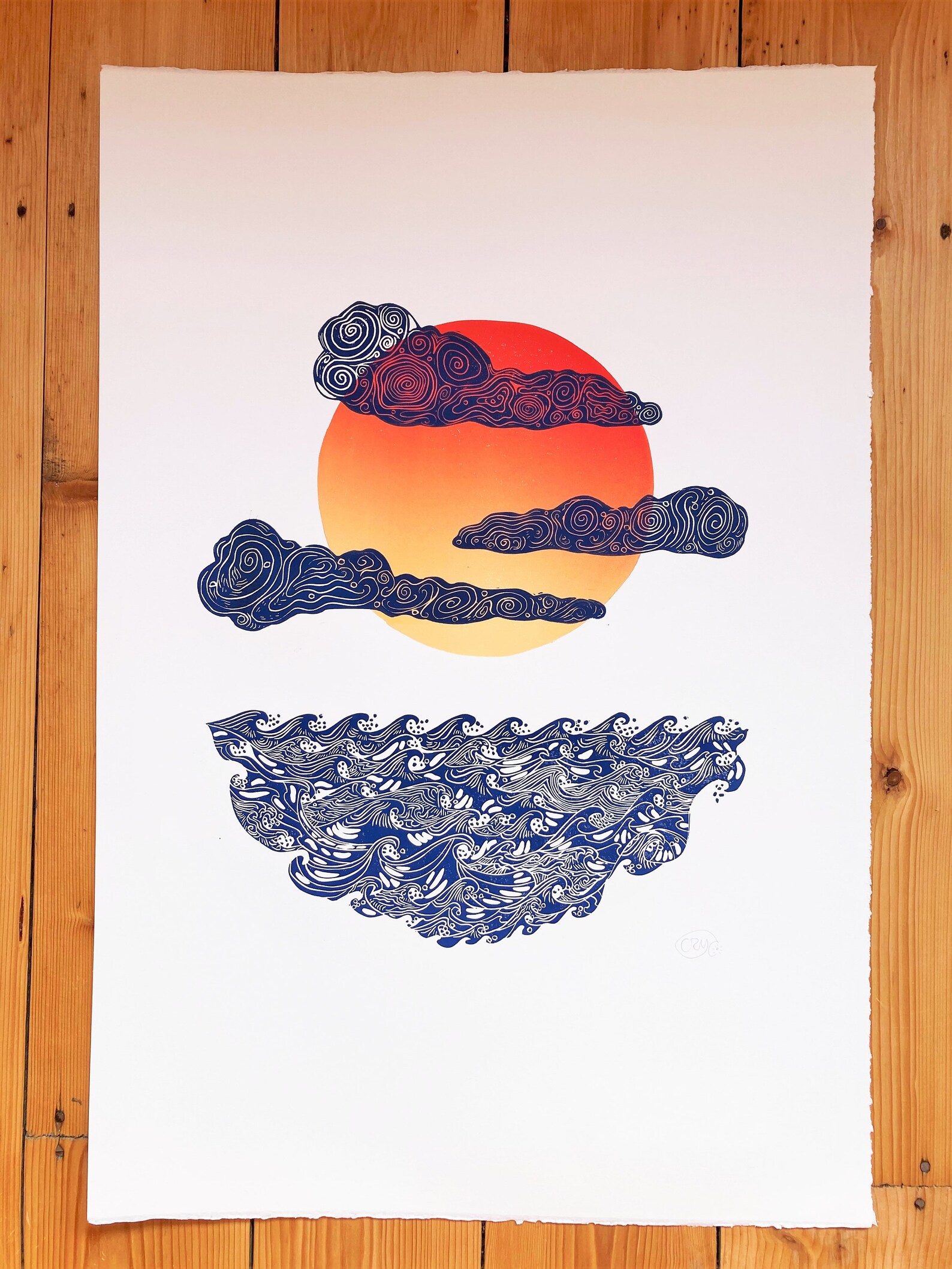 Original Limited Edition Lino Print With Colourful Sun Sea - Etsy UK